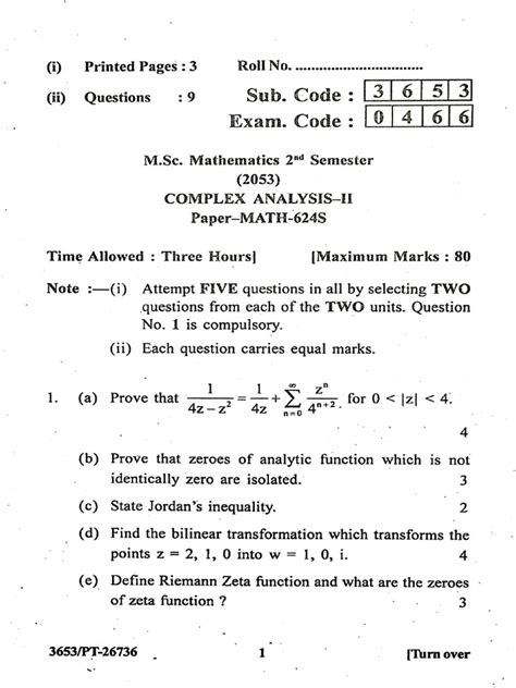 complex analysis ii msc math mathematics 2nd sem previous year question