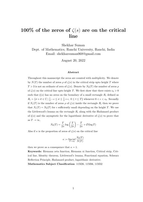 Pdf 100 Of The Zeros Of Riemann Zeta Function Are On The Critical Line