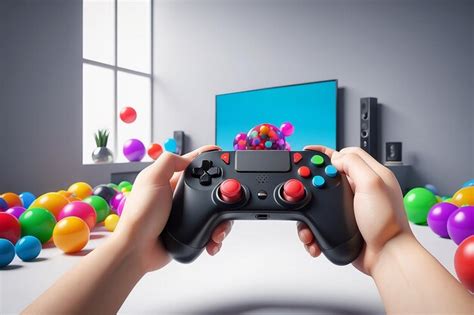The Characters Cartoon Hands Hold A Gamepad In Front Of A Tv Set With Multicolored Balls Flying