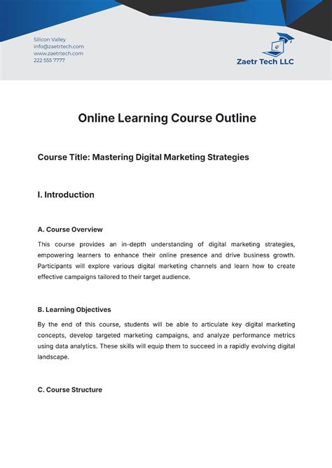 Free Online Learning Course Outline Template To Edit Online