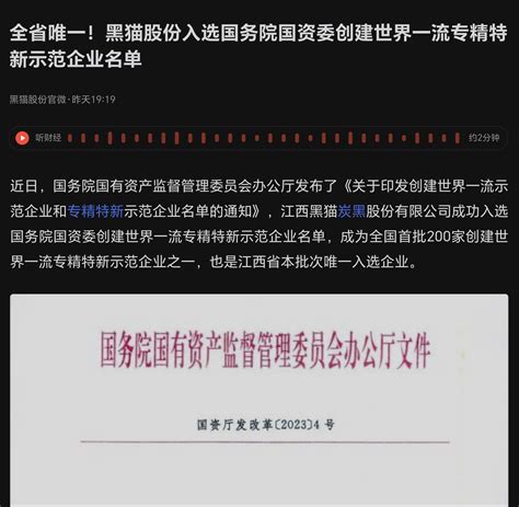 全省唯一，黑猫股份入选全国首批世界一流专精特新示范企业名单财富号东方财富网