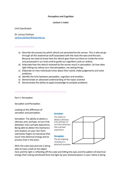 Perception And Cognition Lecture 1 Notes Perception And Cognition Lecture 1 Notes Unit