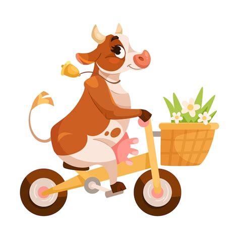 Personaje De Vaca Gracioso Con Ubre Y Cuernos Montando En Bicicleta Ilustración Vectorial
