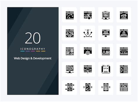 20 웹 디자인 및 개발 프레젠테이션용 솔리드 글리프 아이콘 무료 벡터