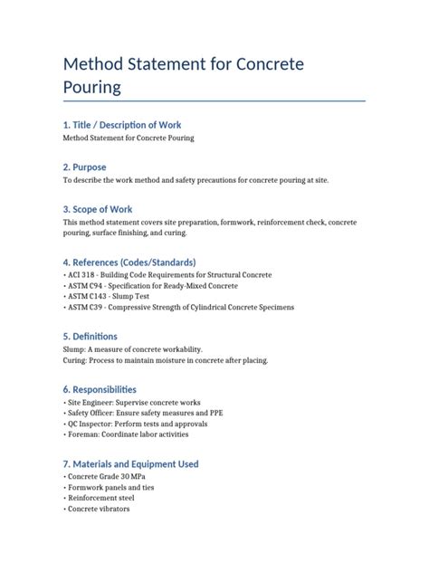 Concrete Pouring Method Statement Pdf