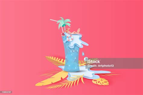 3d 종이 예술과 그림의 공예 열 대 여름 음료 유리 주스 개념 여름 시즌 젊은 여성이 주스 스플래시에 일광욕 파스텔 다채로운 창조적 인 종이 잘라 배경 벡터 열대 기후에