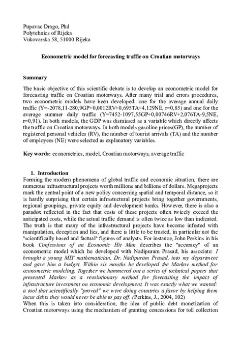Doc Econometric Model For Forecasting Traffic On Croatian Motorways