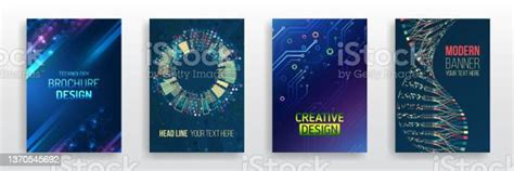 파란색 레이아웃 미래 브로셔 전단지 플래카드 현대 과학 및 디지털 기술 개념 브로셔또는 하이테크 요소 배경으로 커버를 위한 벡터 템플릿입니다 가리기에 대한 스톡 벡터 아트