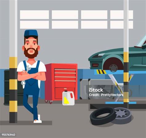자동차 정비사 남자 노동자 렌치를 들고입니다 자동차 자동차 수리 진단 서비스 차고 고정입니다 평면 그래픽 디자인 절연 만화 일러스트 벡터 기계공에 대한 스톡 벡터 아트 및