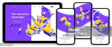 웹사이트 템플릿 방문 페이지 아이소메트릭 개념 E학습 교육에 대 한 귀하의 지식을 귀하의 성공 쉽게 편집 하 고 사용자 지정 적응형 Ui Ux 교습에 대한 스톡 벡터 아트