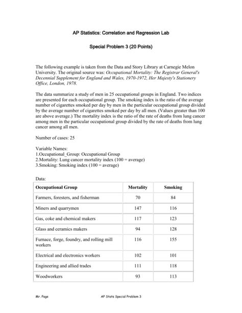 ap statistics correlation and regression lab smoking and mortality