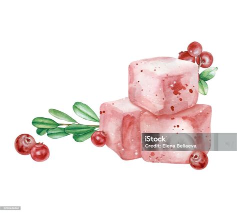 흰색 배경에 링곤베리 열매와 녹색 잎이 있는 베리 페이스트의 분홍색 큐브 3개 수채화 구성은 손으로 그린 것입니다 디자인을 위한 음식 일러스트레이션 0명에 대한 스톡 벡터