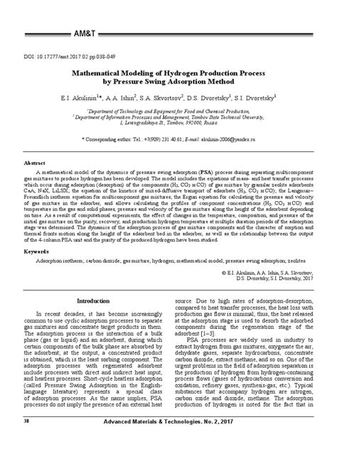 Mathematical Modeling Of Hydrogen Production Process By Pressure Swing Adsorption Method Pdf