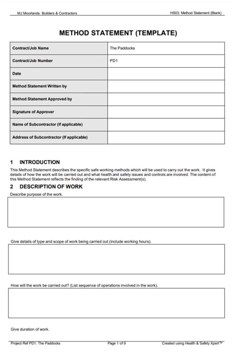 Method Statement Template Free Word And Excel Templates