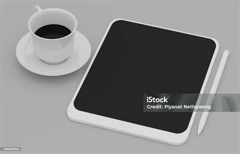 빈 흑백 화면이 분리된 흰색 태블릿 컴퓨터를 3d 렌더링합니다 흰색 장치 Pc 빈 화면이있는 패드 모형 제품 항아리와 커피 컵 0명에 대한 스톡 사진 및 기타 이미지