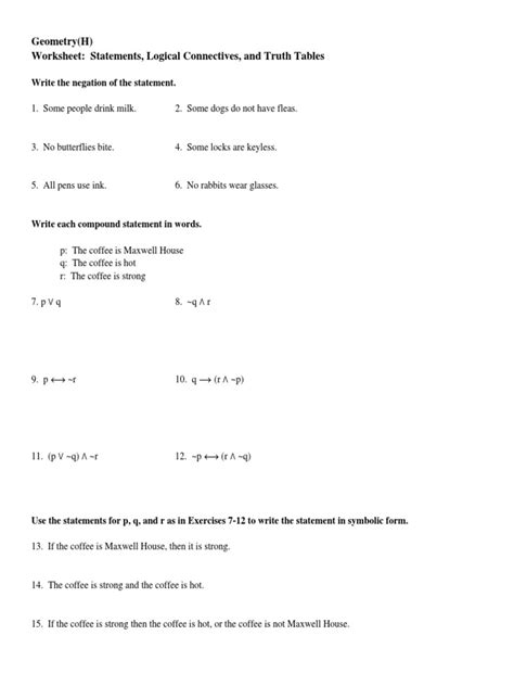 Worksheet 1 Logic Proposition And Truth Tables Pdf