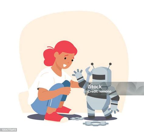 스마트 로봇을 프로그래밍 하는 웃는 아이 캐릭터 생성자 엔지니어링 로봇 기술과 함께 노는 귀여운 소녀 아이에 대한 스톡 벡터
