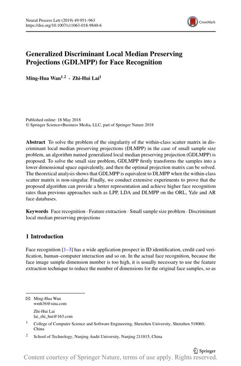 Generalized Discriminant Local Median Preserving Projections Gdlmpp For Face Recognition