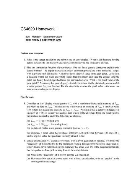 Homework 1 Computer Graphics I Fall 2008 Cs 4620 Docsity