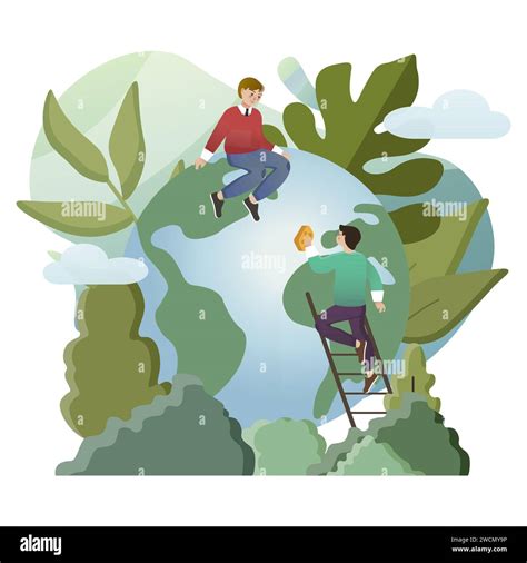 Ecosystem Illustration People Earth Plant Stairway Editable Vector Graphic Design Stock
