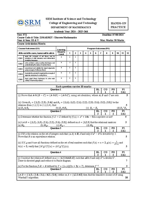 MAB T DM Hands On Practice SRM Institute Of Science And Technology College Of Engineering