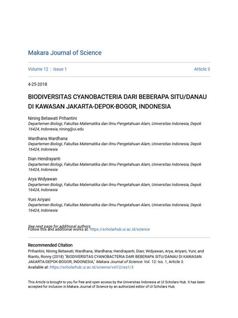 Biodiversitas Cyanobacteria Dari Beberapa Situ Danau Di Kawasan J Pdf