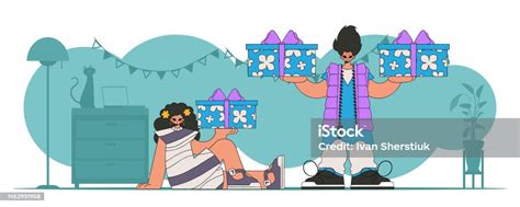 소년과 소녀 그의 손에 선물이 담긴 상자를 들고 있습니다 트렌디 한 스타일 휴일 선물 감정에 대한 스톡 벡터 아트 및 기타 이미지 Istock