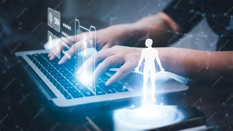 Premium Photo Man Hand Using Laptop Search Dna Human Graph And Biochemical Research Scientist