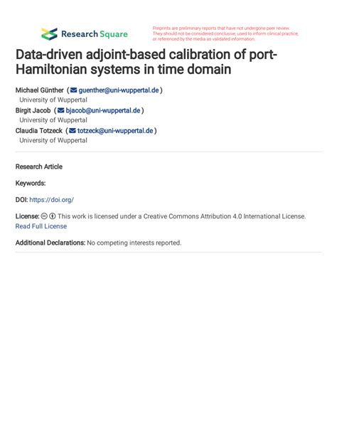 Pdf Data Driven Adjoint Based Calibration Of Port Hamiltonian Systems In Time Domain