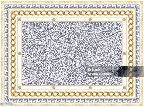 흰색과 파란색 표범 피부 패턴 배경에 벡터 카펫 프린트 유행 골드 클래식 그리스 어 구불 구불 한 테두리 바로크 판타지 더블 체인 프레임 스카프 숄 러그 고대 그리스 양식에