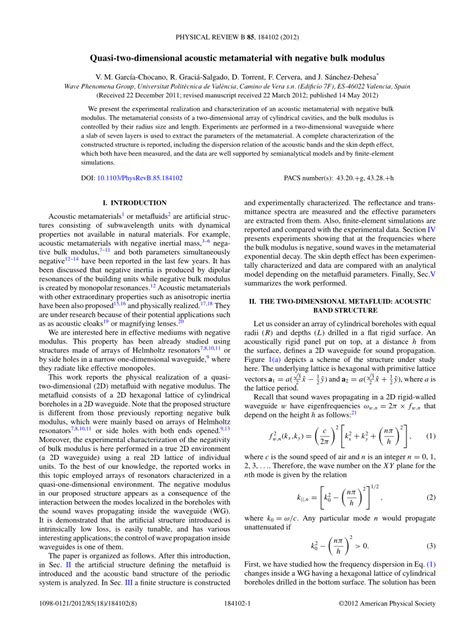 Pdf Quasi Two Dimensional Acoustic Metamaterial With Negative Bulk Modulus