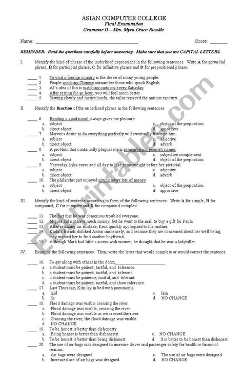comprehensive multiple choice exam for high school esl worksheet by