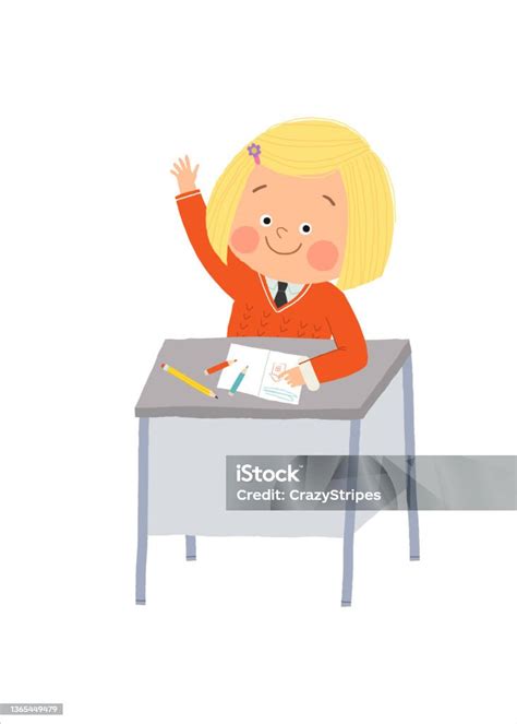 귀여운 학교 학생 학생 소녀 그녀의 손을 들고 만화 벡터 손 은 평면 스타일로 흰색에 고립 된 Eps 10 그림을 그린다 교실에 대한 스톡 벡터 아트 및 기타 이미지