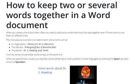 How To Keep Two Or Several Words Together In A Word Document Microsoft Word