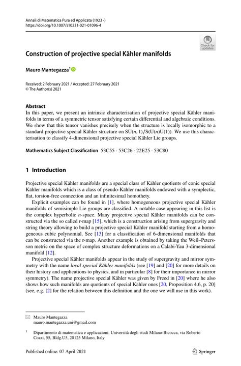 Pdf Construction Of Projective Special Kähler Manifolds