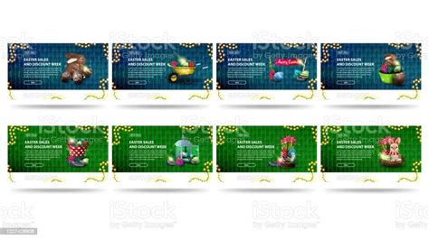 부활절 판매 및 할인 주 흰색 배경에 고립 된 웹 사이트에 대한 버튼과 부활절 아이콘과 큰 세트 현대 녹색과 파란색 가로 할인
