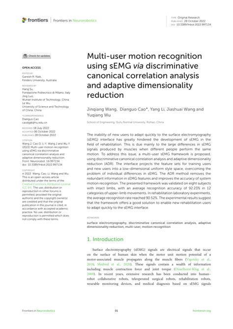 Pdf Multi User Motion Recognition Using Semg Via Discriminative Canonical Correlation Analysis