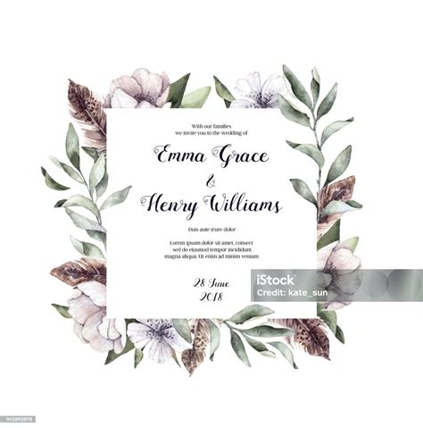 손으로 그린 수채화 일러스트 레이 션플로랄 프레임 아 네모 네 꽃과 깃털 봄 분기 합니다 결혼식 초대장 인사말 카드 인증서 지문 및 더에 대 한 완벽 한 청첩장에 대한 스톡