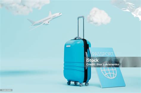 비행기로 비행을 쉬십시오 구름 사이를 나는 비행기 파란색 배경에 여권과 수하물 3d 렌더링 개념에 대한 스톡 사진 및 기타 이미지 Istock