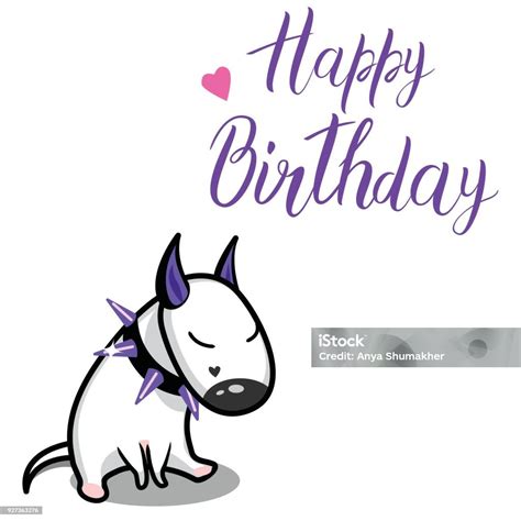 귀여운 벡터 만화 개입니다 백색 불 테리어와 행복 한 생일 글자 Weft에 대한 스톡 벡터 아트 및 기타 이미지 Weft