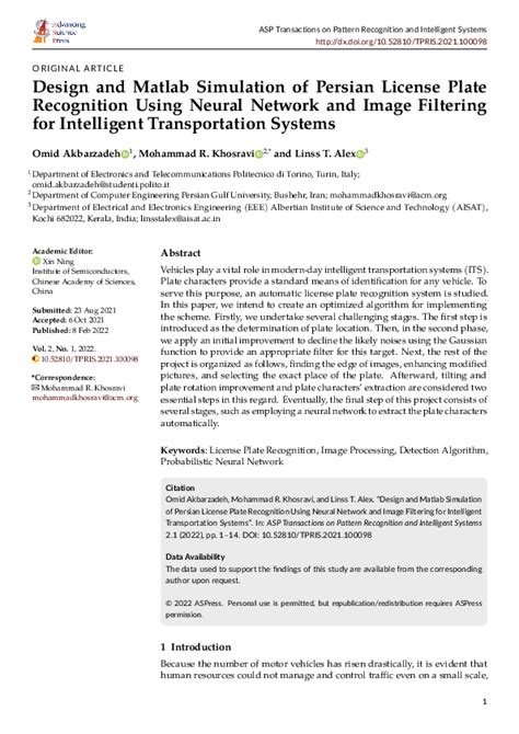 Pdf Design And Matlab Simulation Of Persian License Plate Recognition Using Neural Network And