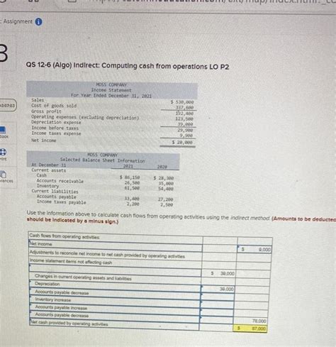 solved qs 12 6 algo indirect computing cash from