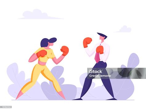 비즈니스 사람들이 권투 권투 장갑에서 싸우는 남자와 여자 비즈니스 경쟁 도전 캐릭터와 함께 리더십 개념 싸움 벡터 평면 그림