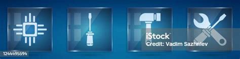 마이크로 회로 Cpu 스크루 드라이버 해머 및 스크루 드라이버와 렌치 스패너프로세서를 설정합니다 정사각형 유리 패널 벡터 건설 산업에 대한 스톡 벡터 아트 및 기타 이미지
