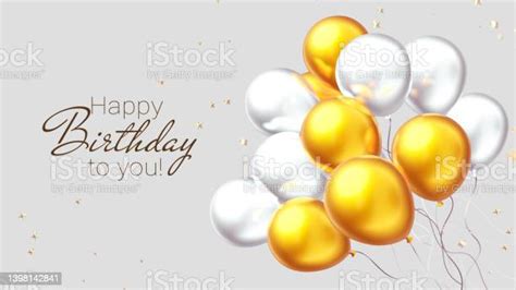 3d 생일 축하 수평 일러스트 레이 션과 텍스트와 반짝이는 색종이와 밝은 배경에 현실적인 흰색과 황금색 공기 풍선의 무리와 함께 풍선이있는 아름다운 휴가 템플릿 디자인