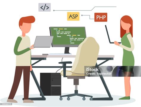 Programmer Engineering And Coding Programmer Working On Web Development On Computers Stock