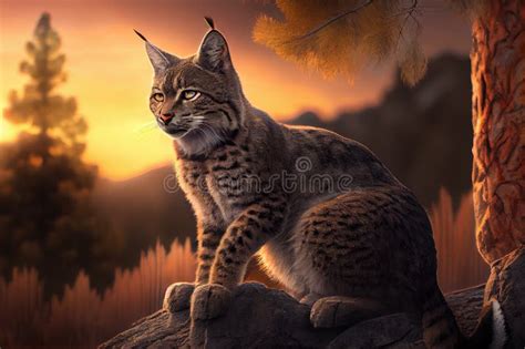 Bobcat Sitting On Rock In Forest With View Of The Sunset Stock Illustration Illustration Of