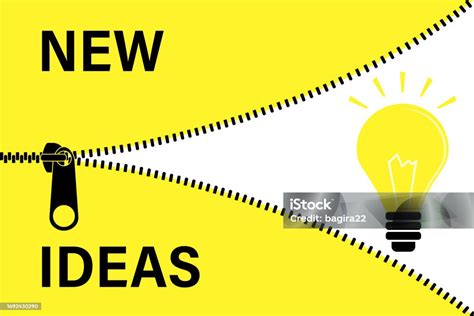 지퍼와 발광 전구를 엽니 다 새로운 아이디어 검색 브레인스토밍 개념 창의성 혁신 만화 노란색 배너 템플릿은 텍스트에 대한 장소와 함께 있습니다 0명에 대한 스톡 벡터 아트