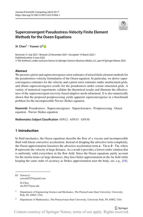 Superconvergent Pseudostress Velocity Finite Element Methods For The Oseen Equations Request Pdf