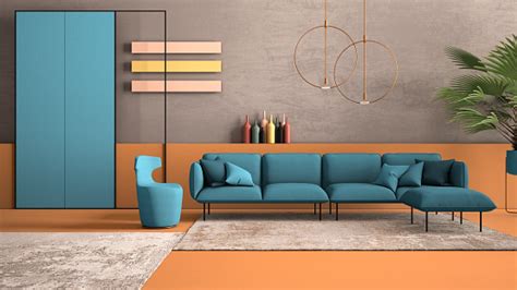오렌지와 밝은 파란색의 현대 거실 파스텔 색상 소파 안락 의자 카펫 콘크리트 벽 화분 식물 구리 램프 인테리어 디자인 분위기
